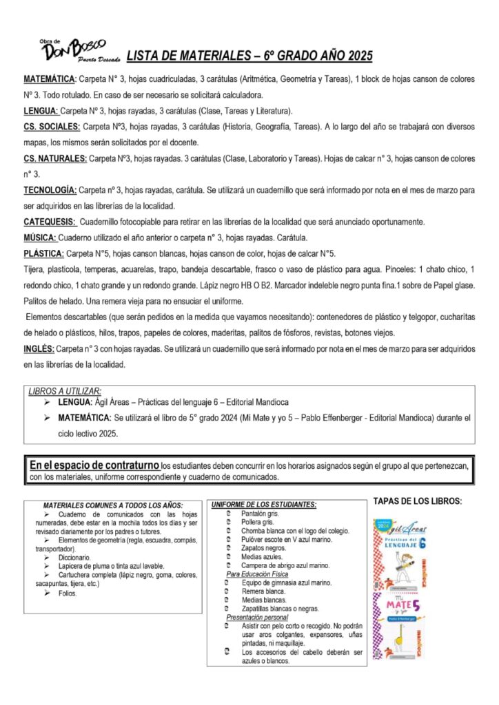 materiales 6to grado - Casa Salesiana San José - Puerto Deseado